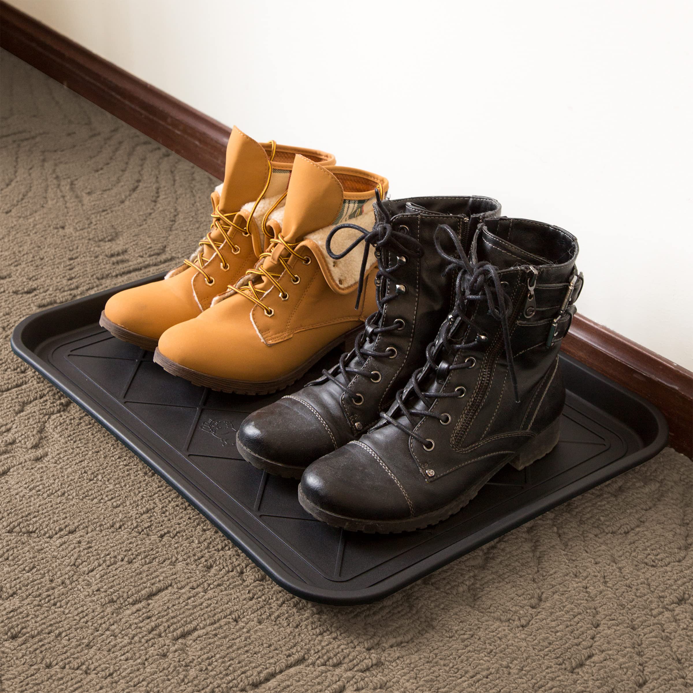 Stalwart All-Weather Boot Tray, Indoor Outdoor Doormat for All Seasons, 2 pk Small, Black