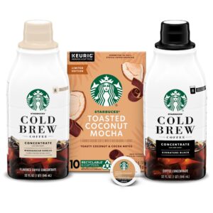 starbucks summer variety pack, k-cup coffee pods naturally flavored toasted coconut mocha and cold brew concentrates signature black, madagascar vanilla, 100% arabica, 10 pods and 32 fl oz each