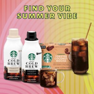 Starbucks Summer Variety Pack, K-Cup Coffee Pods Naturally Flavored Toasted Coconut Mocha And Cold Brew Concentrates Signature Black, Madagascar Vanilla, 100% Arabica, 10 pods And 32 fl oz each