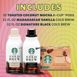 Starbucks Summer Variety Pack, K-Cup Coffee Pods Naturally Flavored Toasted Coconut Mocha And Cold Brew Concentrates Signature Black, Madagascar Vanilla, 100% Arabica, 10 pods And 32 fl oz each