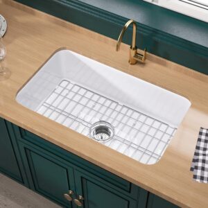 miuara white undermount kitchen sink 32 inch - large kitchen sink drop in 32"x19", 9" deep dual mount drop in kitchen sink, topmount single bowl fireclay sink for kitchen, with custom accessories