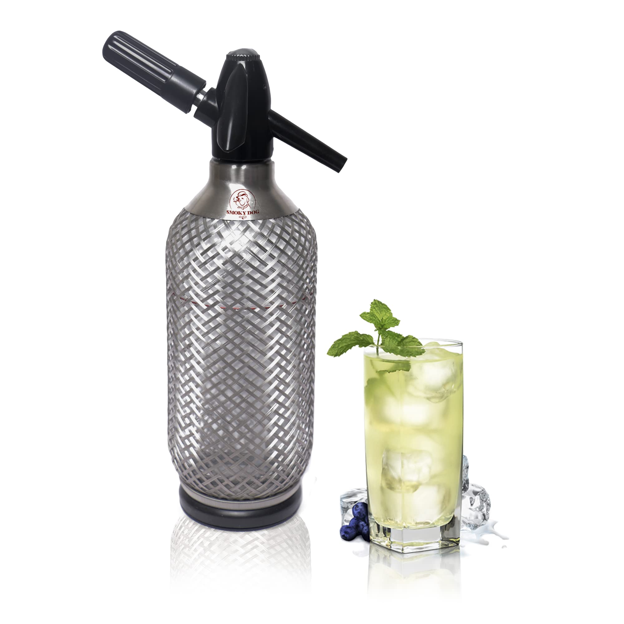 Smoky Dog - Premium Glass Soda Siphon with Stainless Steel Mesh cover - 1 Liter, Retro Design, Vintage Replica for Premium Cocktails and Sparkling Beverages at Home or Bar,