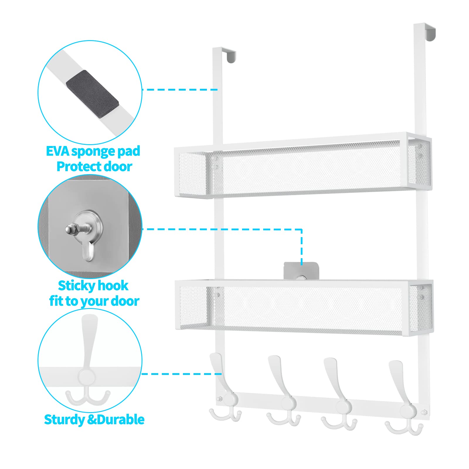 Kaiferty Over The Door Hooks Organizer,Coat Rack with 12 Hooks and 2 Mesh Baskets,Back of Door Storage Organizer for Bathroom,Bedroom,Kitchen,Office(White)