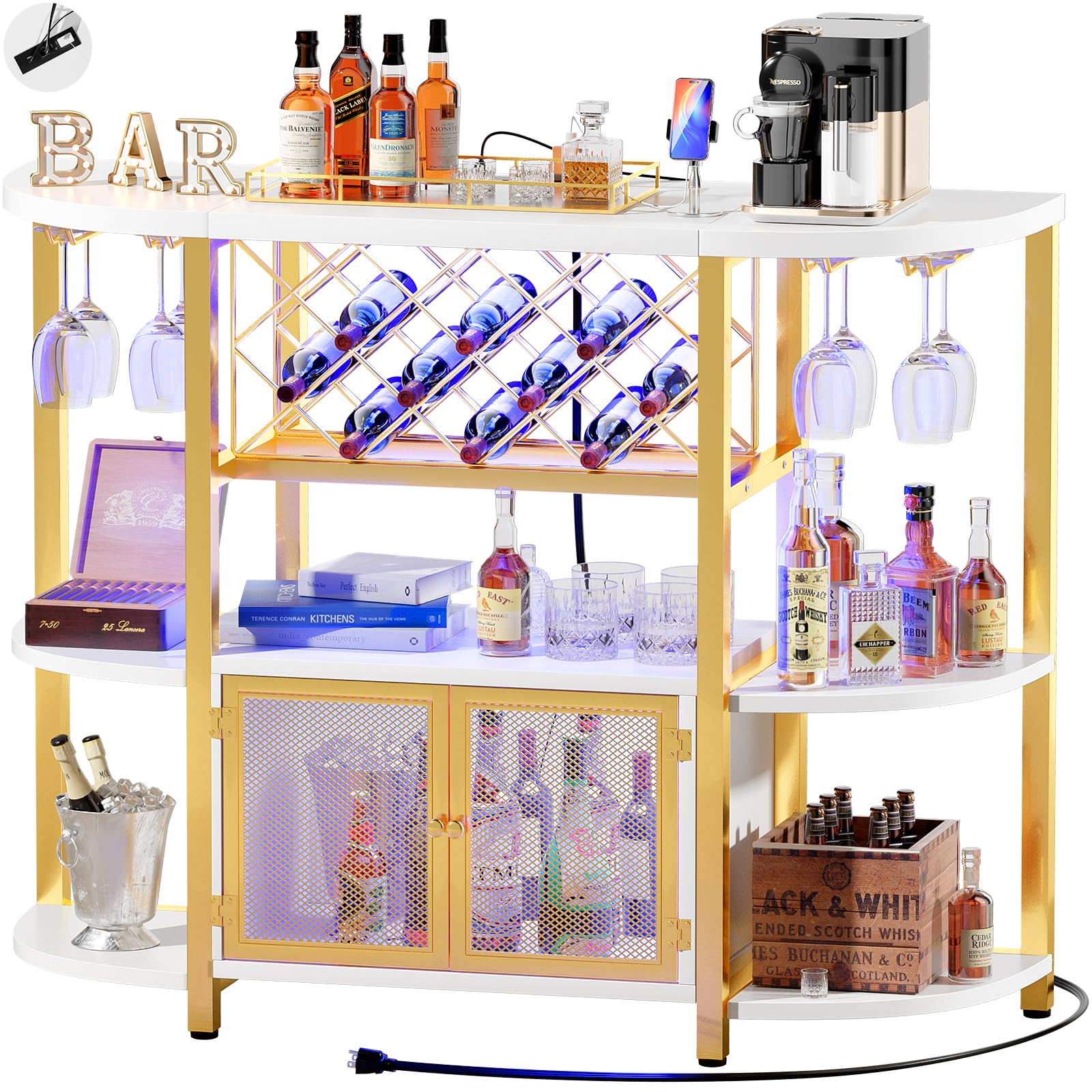 Unikito Gold Liquor Bar with LED Light, Wine Cabinet with Outlet, Freestanding Wine Rack Table with Door, Coffee Bar Cabinet for Liquor and Glass, Floor Bar Table Stand with Wine Storage Rack, White