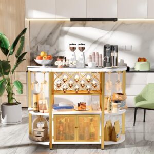 Unikito Gold Liquor Bar with LED Light, Wine Cabinet with Outlet, Freestanding Wine Rack Table with Door, Coffee Bar Cabinet for Liquor and Glass, Floor Bar Table Stand with Wine Storage Rack, White