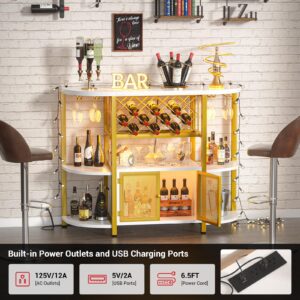 Unikito Gold Liquor Bar with LED Light, Wine Cabinet with Outlet, Freestanding Wine Rack Table with Door, Coffee Bar Cabinet for Liquor and Glass, Floor Bar Table Stand with Wine Storage Rack, White