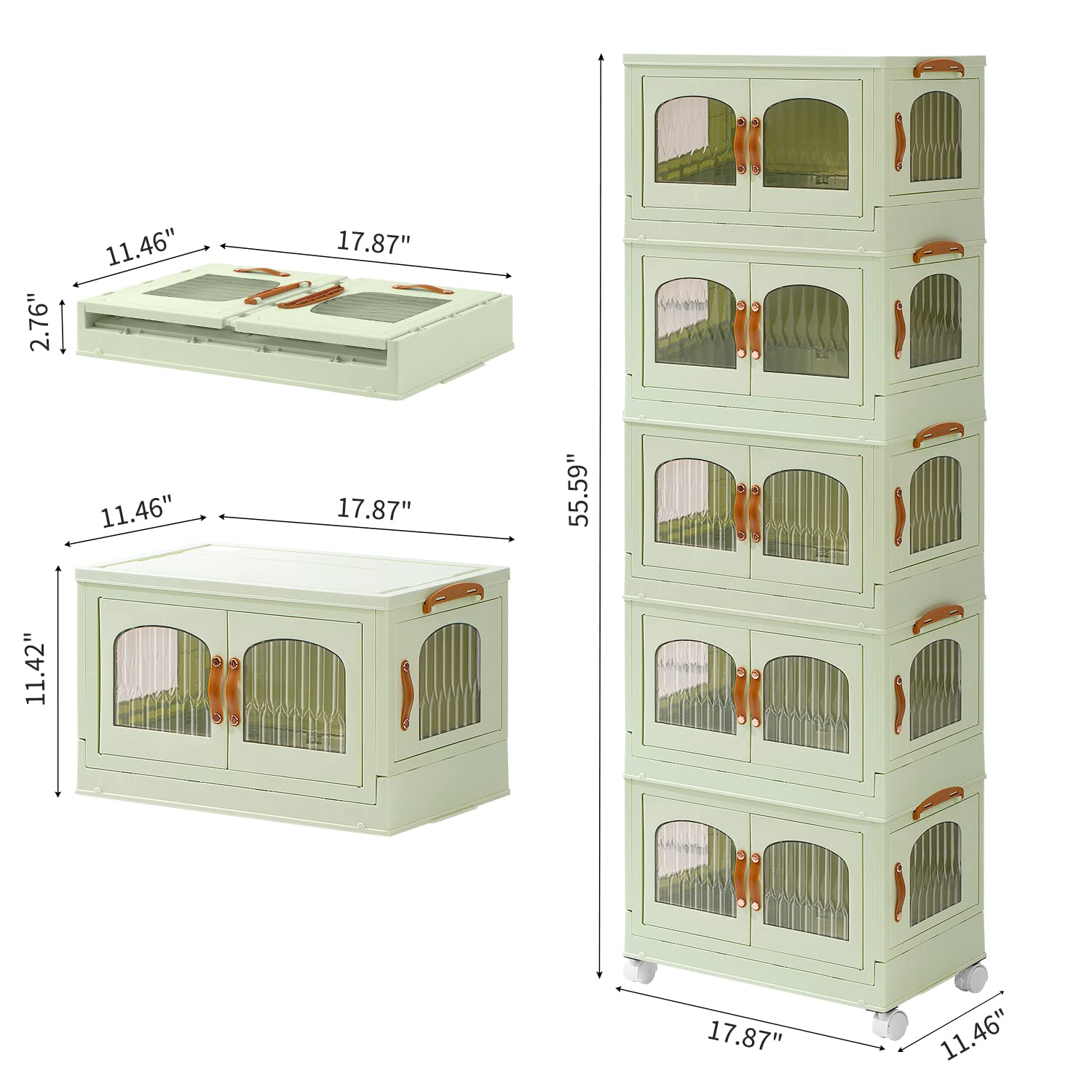 EHAMILY Stackable Storage Bins with 1 Lid Set 5 Tier,8.4 Gal Clear Plastic Folding Storage Box with Wheel and Door,Large Foldable Cabinet Collapsible Bin for Closet Organizer,Clothes,Green