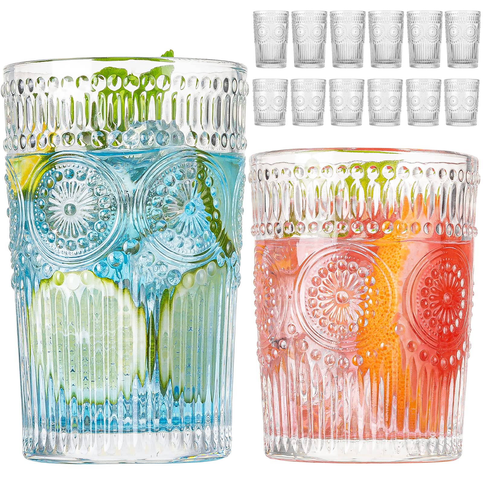 wookgreat Vintage Drinking Glasses Set of 12, Textured Clear Striped Glass Cups-6 Highball Glasses 13oz & 6 Rocks Glasses 10oz, Ribbed Glassware Set, Mojito Cups, Cocktail Glass, Iced Coffee Cup