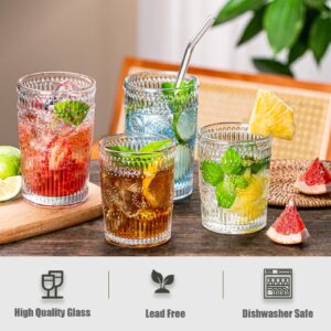 wookgreat Vintage Drinking Glasses Set of 12, Textured Clear Striped Glass Cups-6 Highball Glasses 13oz & 6 Rocks Glasses 10oz, Ribbed Glassware Set, Mojito Cups, Cocktail Glass, Iced Coffee Cup