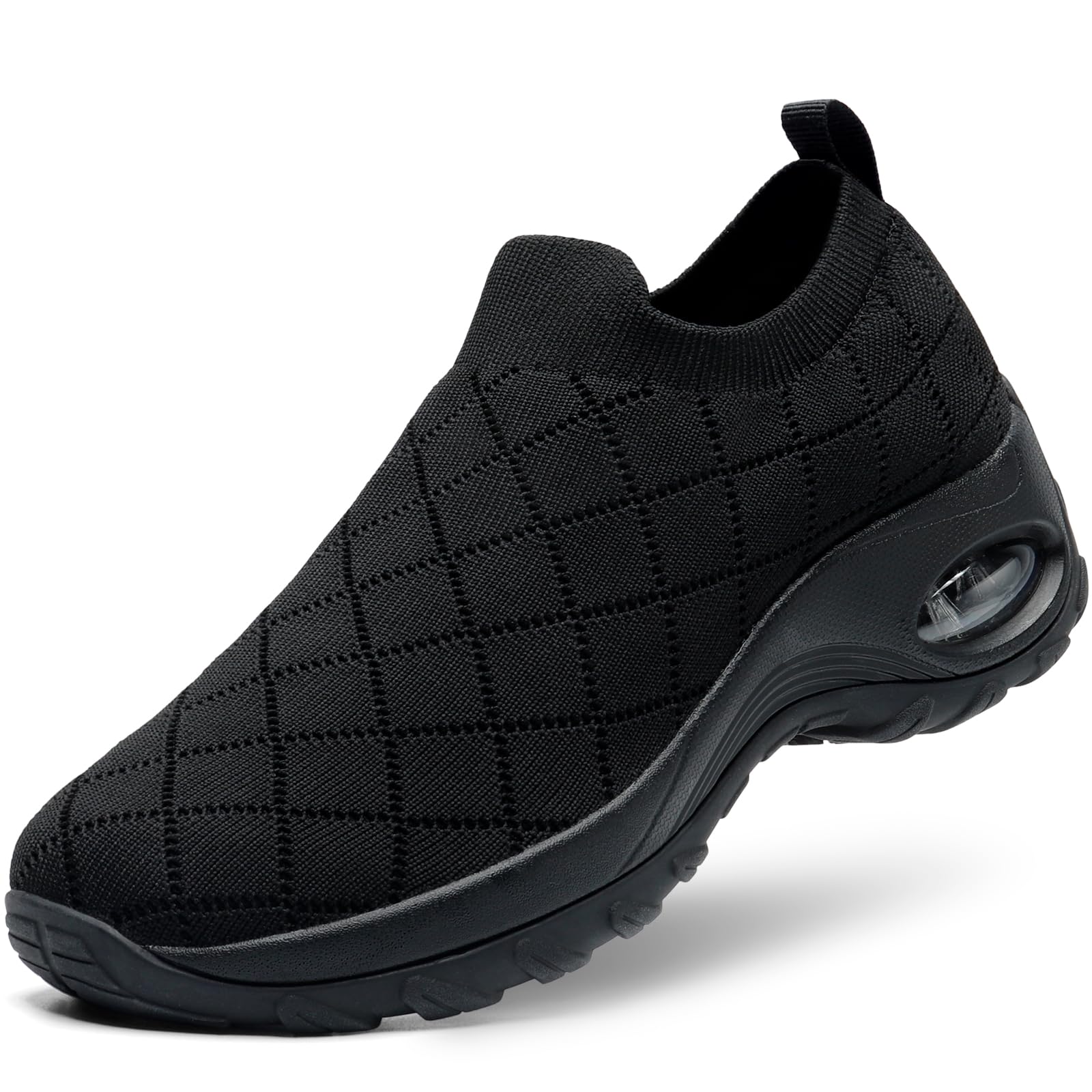 STQ Walking Shoes Women with Arch Support Non Slip Work Shoes Comfortable Quilted Slip on Sock Sneakers All Black 8 US