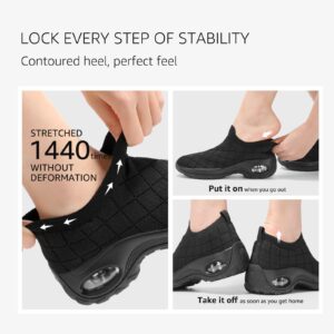 STQ Walking Shoes Women with Arch Support Non Slip Work Shoes Comfortable Quilted Slip on Sock Sneakers All Black 8 US