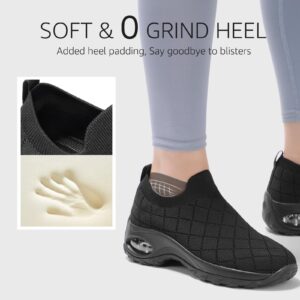 STQ Walking Shoes Women with Arch Support Non Slip Work Shoes Comfortable Quilted Slip on Sock Sneakers All Black 8 US