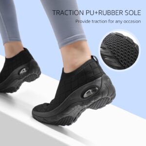 STQ Walking Shoes Women with Arch Support Non Slip Work Shoes Comfortable Quilted Slip on Sock Sneakers All Black 8 US