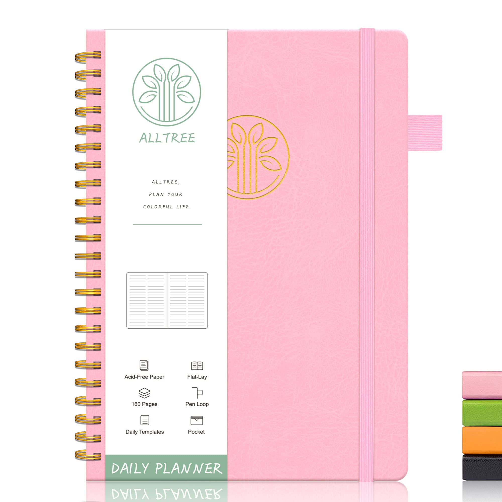 Daily Planner Undated, Daily Schedule Planner, Undated Planner With Hourly Schedule, Spiral Daily To Do List Planner with Meal Tracker, Appointment, Leather cover, 160 Pages, Pink（5.5"x8.5"）