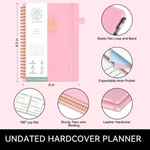 Daily Planner Undated, Daily Schedule Planner, Undated Planner With Hourly Schedule, Spiral Daily To Do List Planner with Meal Tracker, Appointment, Leather cover, 160 Pages, Pink（5.5"x8.5"）