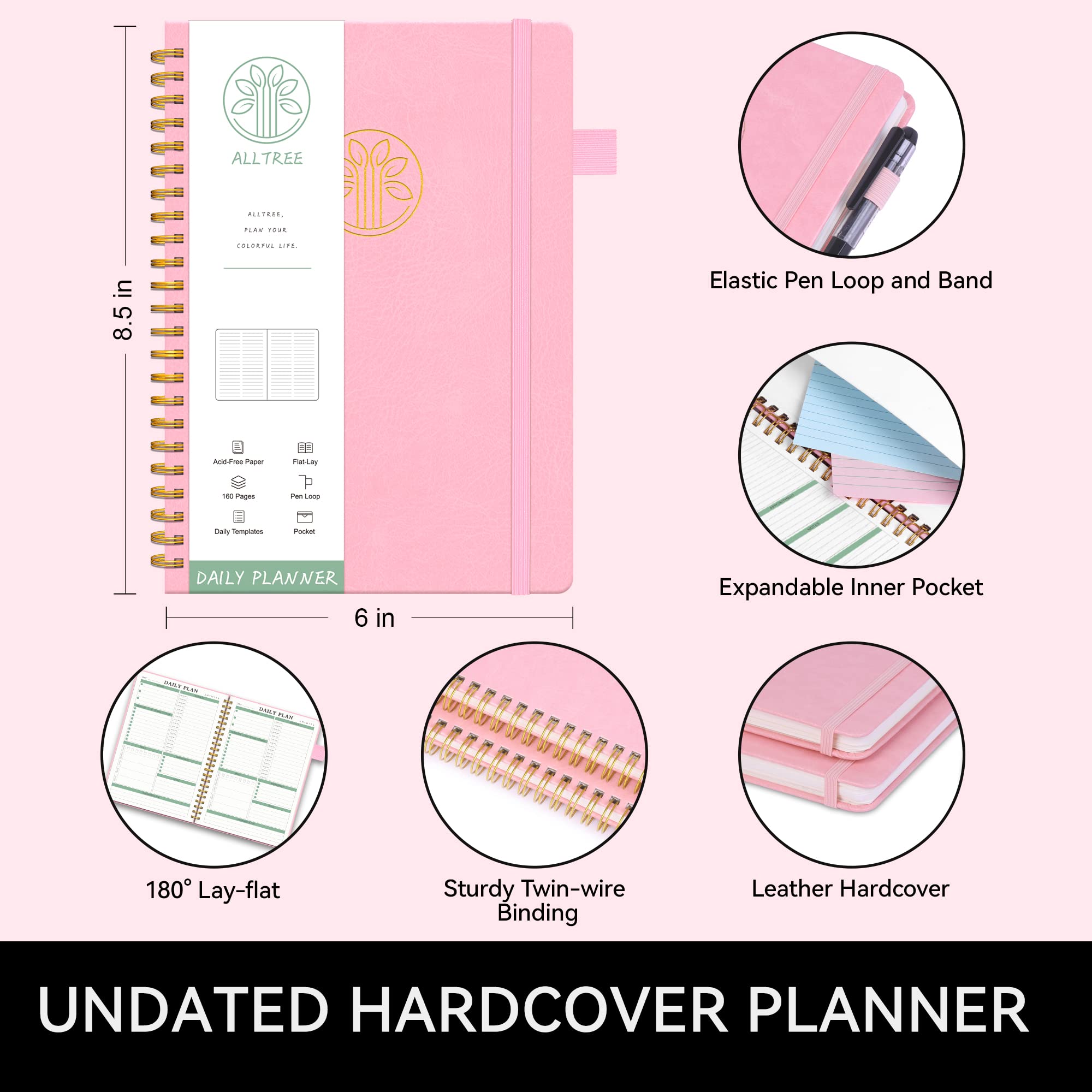 Daily Planner Undated, Daily Schedule Planner, Undated Planner With Hourly Schedule, Spiral Daily To Do List Planner with Meal Tracker, Appointment, Leather cover, 160 Pages, Pink（5.5"x8.5"）