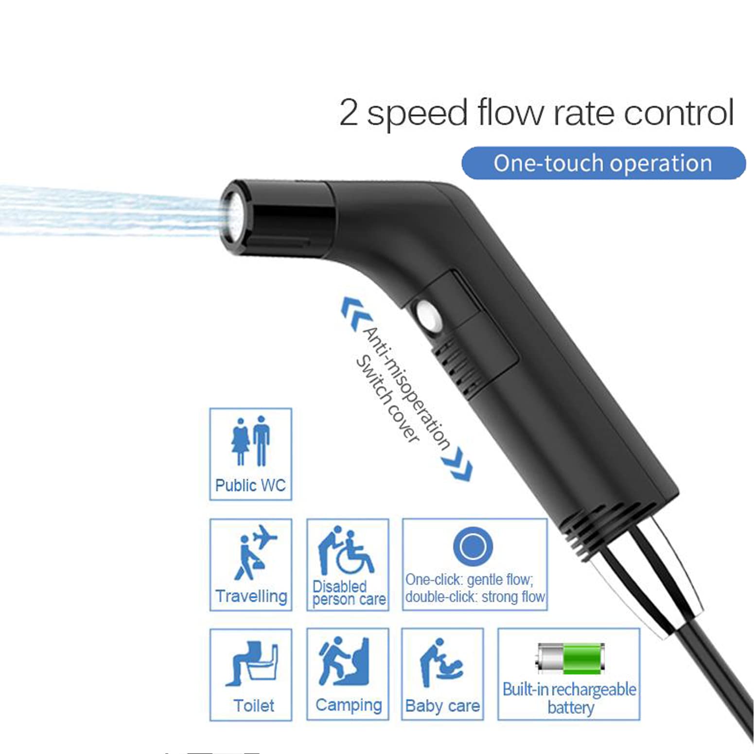 COSWE Portable Travel Bidet Electric Rechargeable Handheld Personal Bidet Sprayer for Hygiene Cleaning for Toilet with 2.3 liters Water container (Black), LIUW_JP2201