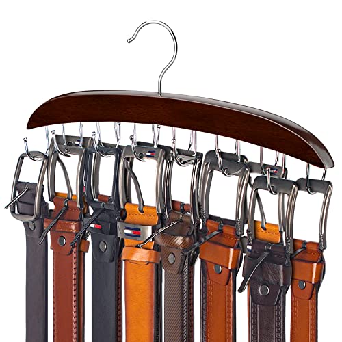 Belt Hanger, 14 Hooks Belt Holder for Closet, Wooden Tie/Belt Rack for Storage, 360°Rotating Belts Organizer for Closet Space Save Organizer for Tie, Tank Top, Scarf-Walnut Wood with Chrome Hooks