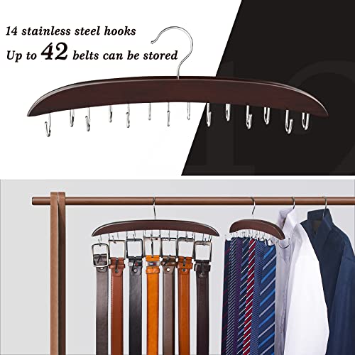 Belt Hanger, 14 Hooks Belt Holder for Closet, Wooden Tie/Belt Rack for Storage, 360°Rotating Belts Organizer for Closet Space Save Organizer for Tie, Tank Top, Scarf-Walnut Wood with Chrome Hooks