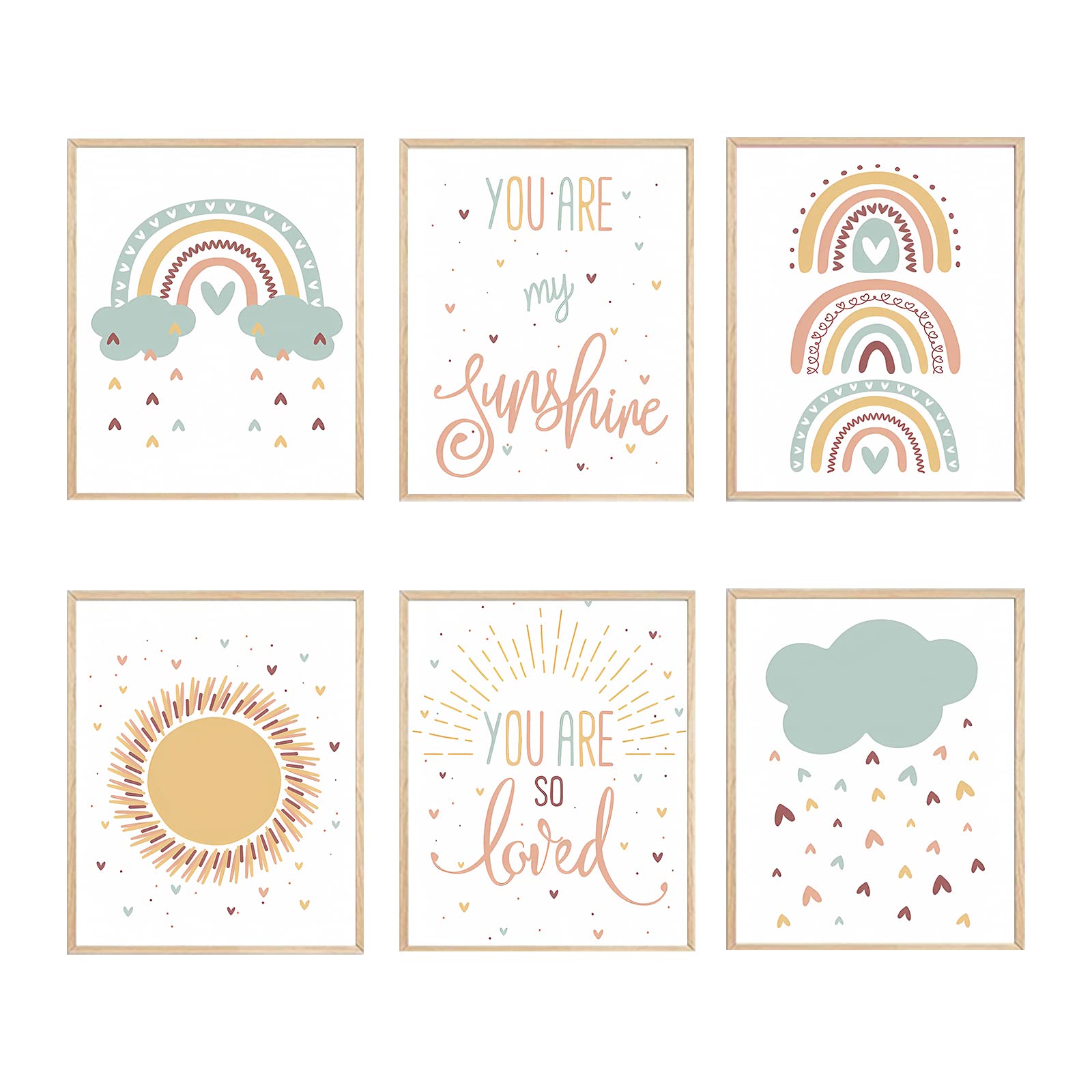 LLOSEUP Boho Nursery Wall Art Prints Rainbow Weather Wall Decor Set of 6 Unframed Heart Rain You Are My Sunshine Inspirational Wall Decoration for Boy Girl Child Room Playroom Bedroom 8x10 Inch