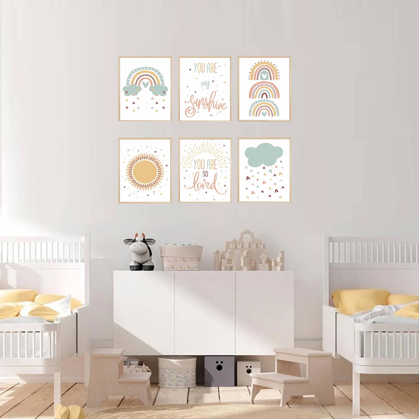 LLOSEUP Boho Nursery Wall Art Prints Rainbow Weather Wall Decor Set of 6 Unframed Heart Rain You Are My Sunshine Inspirational Wall Decoration for Boy Girl Child Room Playroom Bedroom 8x10 Inch