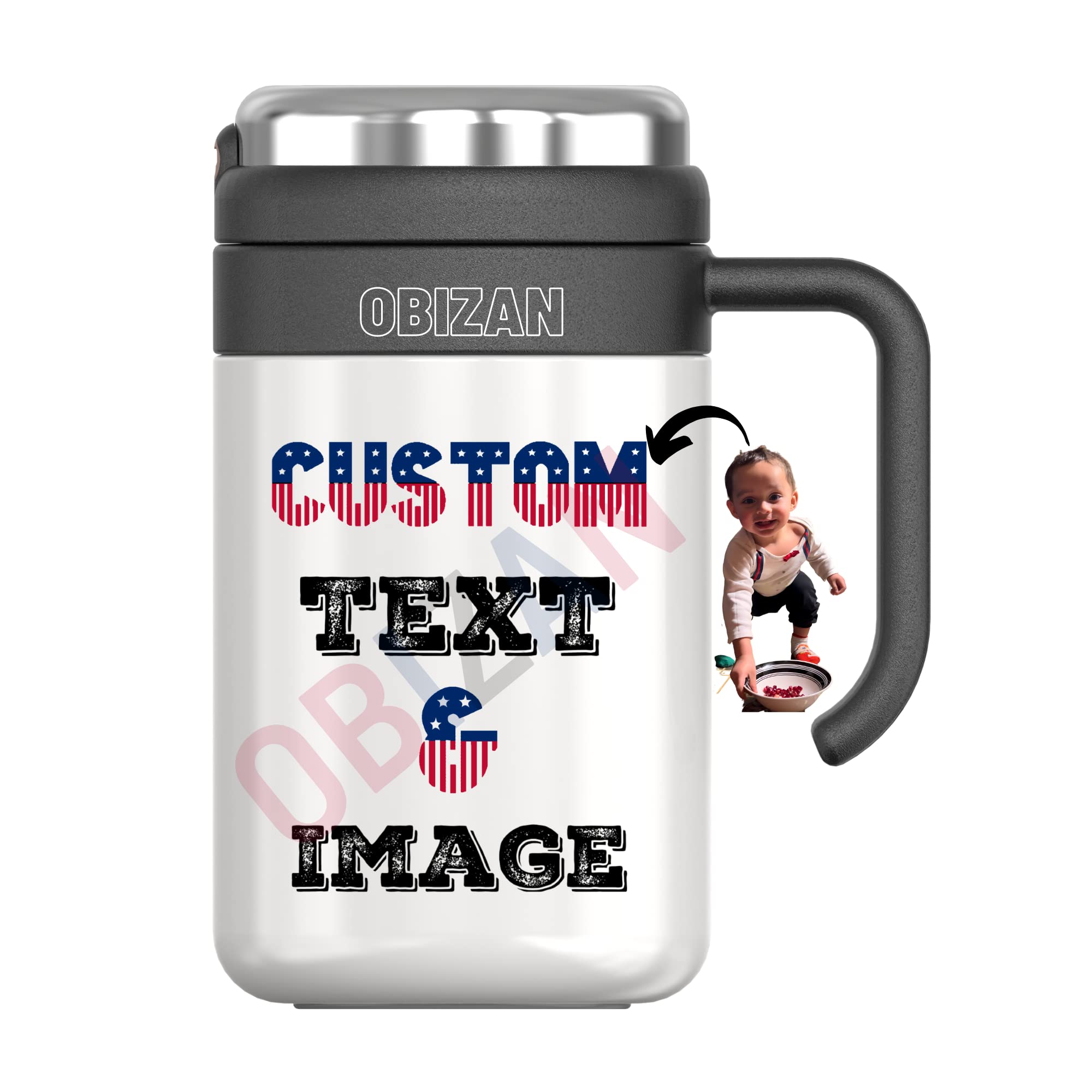 OBIZAN Personalized Tumbler Photo Mug - Insulated Custom Tumbler Coffee Mug with Photo, Text, Logo - Customized Gift Flask - 20oz Stainless Steel - Double Walled Travel Thermos with Handle