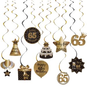 happy 65th birthday party hanging swirls streams ceiling decorations, celebration 65 foil hanging swirls with cutouts for 65 years old black and gold birthday party decorations supplies