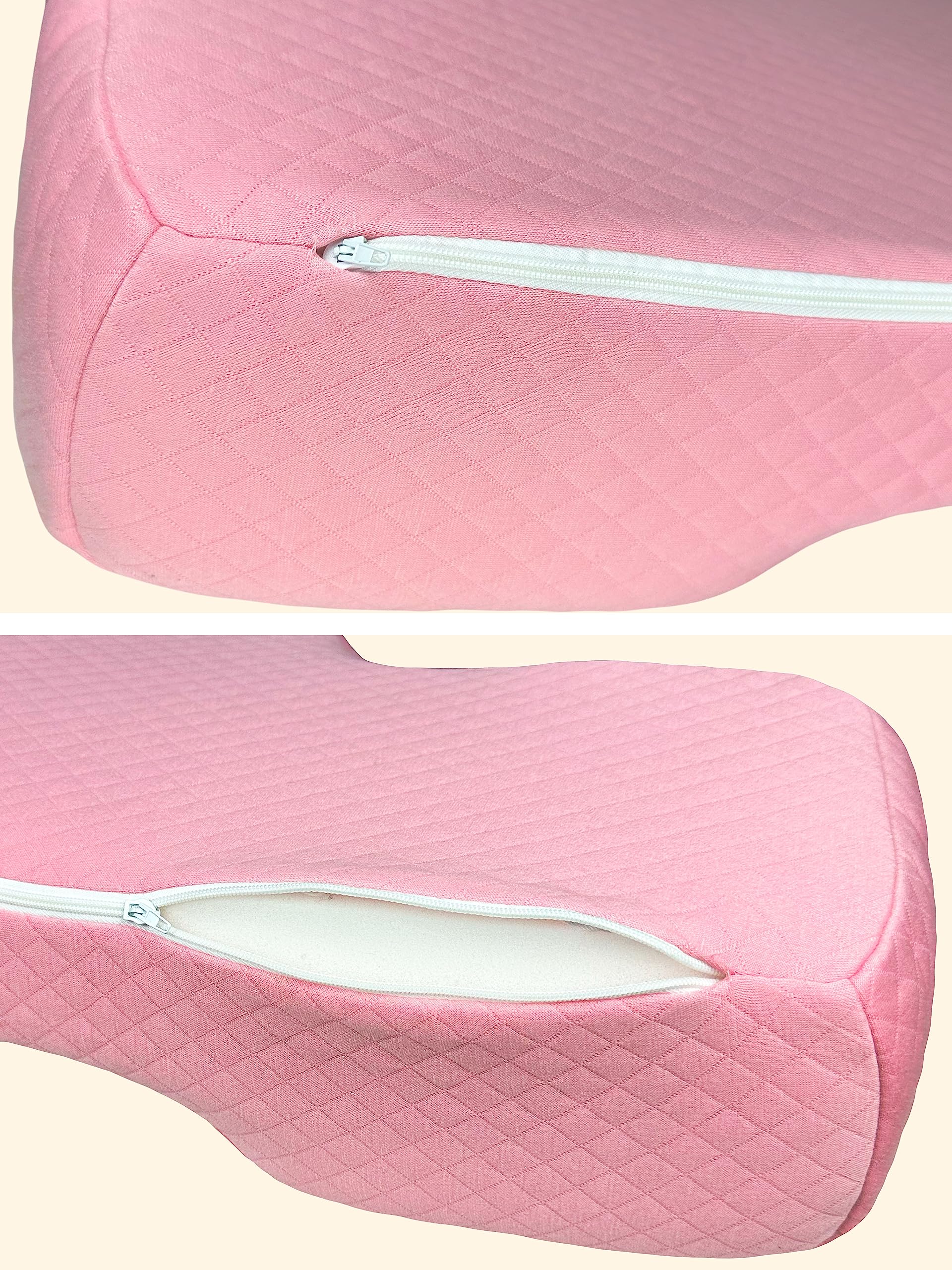 XOLLOZ Pillow for Eyelash Extensions - Curved Memory Foam Lash Bed Pillow with Neck and Back Support, Perfect Pillow for Eyelash Extensions, Two Pockets for Tools On The Sides of Pillow (Pink)