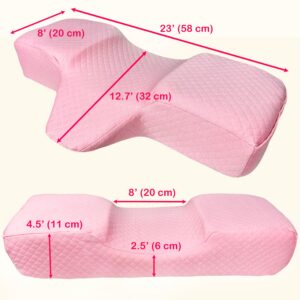 XOLLOZ Pillow for Eyelash Extensions - Curved Memory Foam Lash Bed Pillow with Neck and Back Support, Perfect Pillow for Eyelash Extensions, Two Pockets for Tools On The Sides of Pillow (Pink)