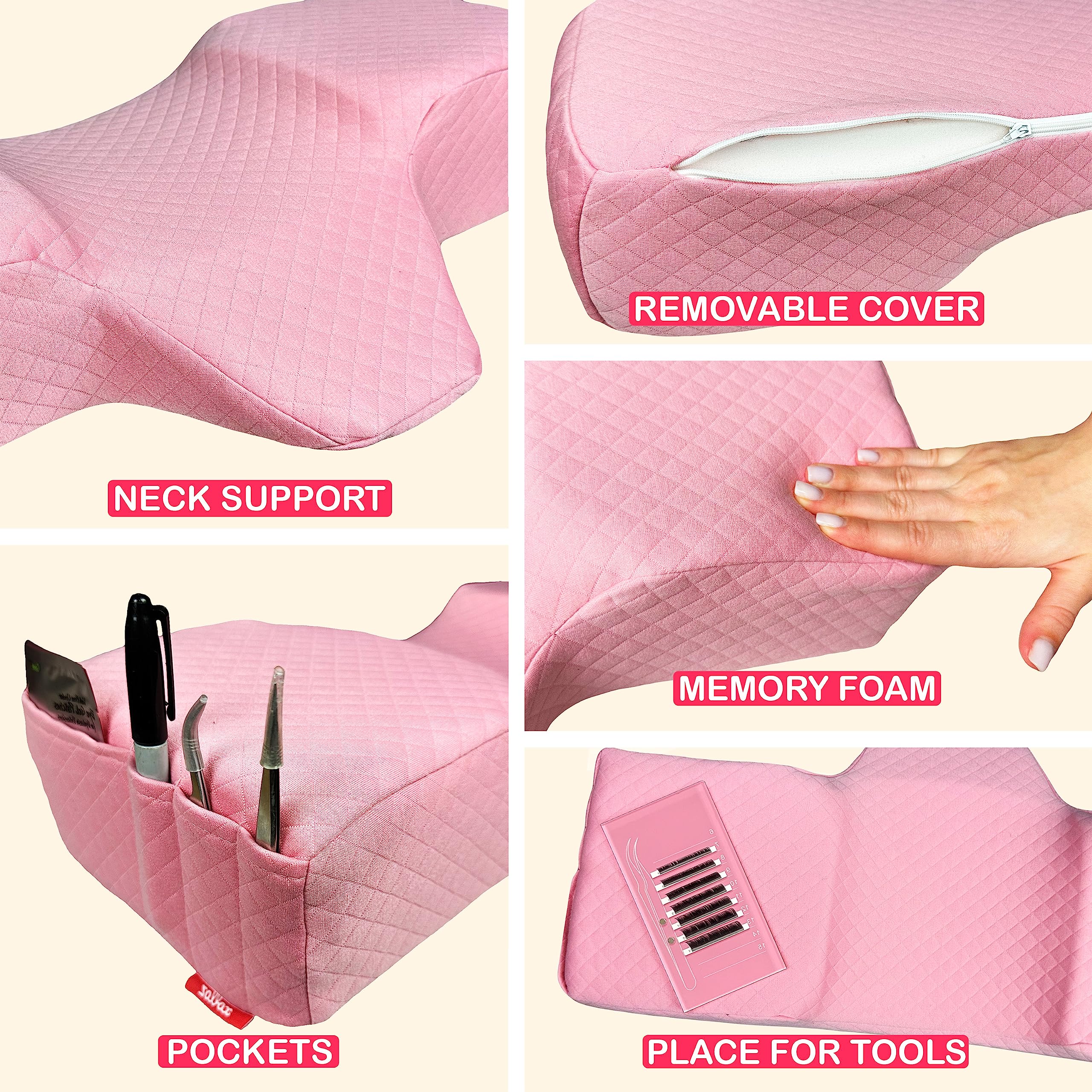 XOLLOZ Pillow for Eyelash Extensions - Curved Memory Foam Lash Bed Pillow with Neck and Back Support, Perfect Pillow for Eyelash Extensions, Two Pockets for Tools On The Sides of Pillow (Pink)