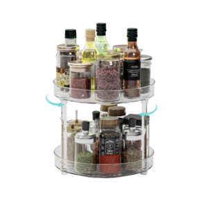 2 tier lazy susan organizer，clear plastic lazy susan turntable for cabinet，rotating lazy susan spice rack cabinet organizer for kitchen，table，refrigerator，pantry，bathroom