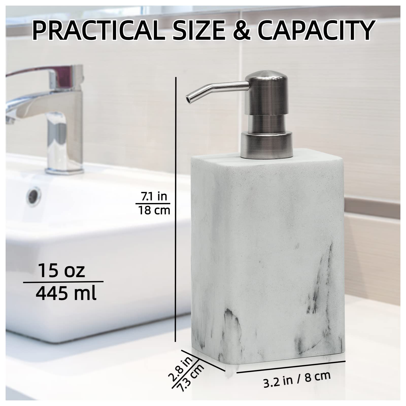 15Oz White Marble Style Resin Soap Dispenser Set of 2,Suanti Hand and Dish Soap Dispenser for Bathroom Counter&Kitchen Sink Decor,Refillable Soap Bottle with Easy-Press Pump for Liquid Soap or Lotion