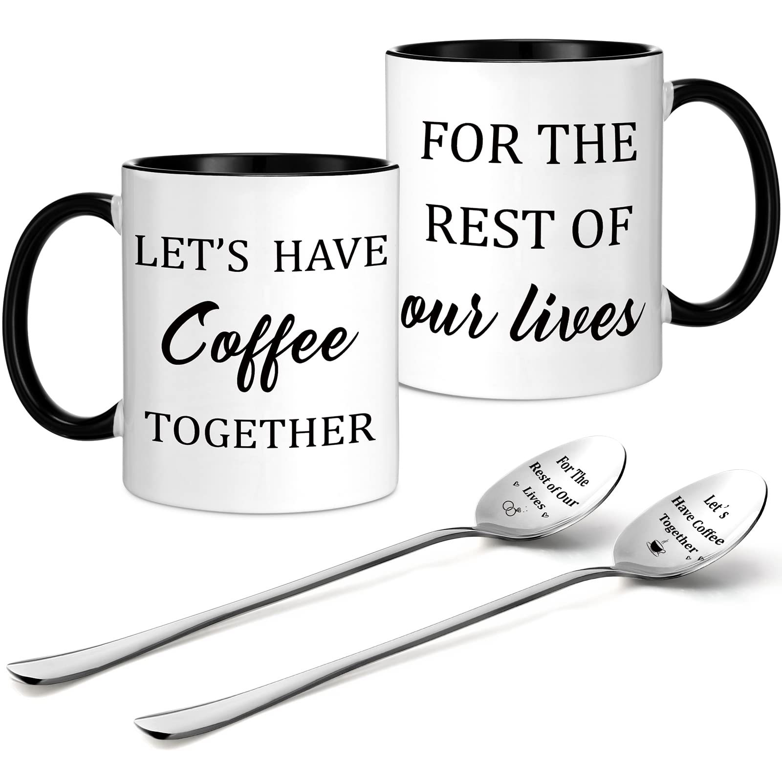 Hoolerry 2 Sets Couples Coffee Cups and Spoons Engagement Gift for Newly Engagedcouples Bridal Shower Gift Lets Have Coffee Together Mugs for Girlfriend Boyfriend Hubby Wifey(Simple Classic)