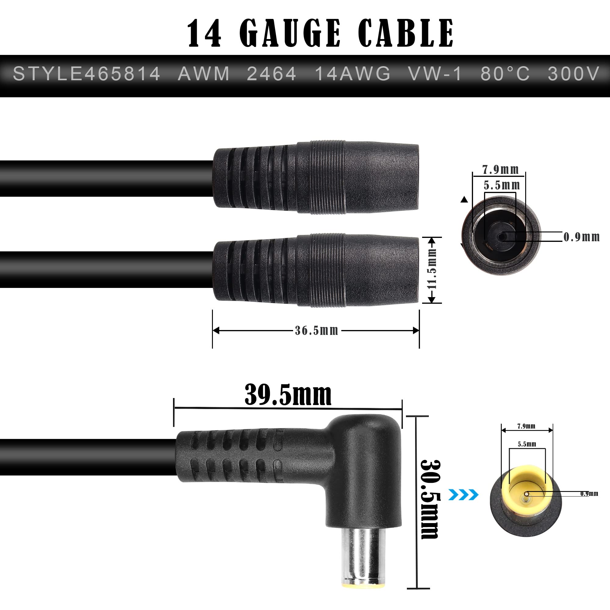 GINTOOYUN DC7909 Y Splitter Power Cable 14AWG DC7.9mmx0.9mm Right Angle 90 Degree Male to DC7.9mmx0.9mm Double Female Adapter Cable for Solar Panel, RV,Portable Charging Station, etc(2FT)