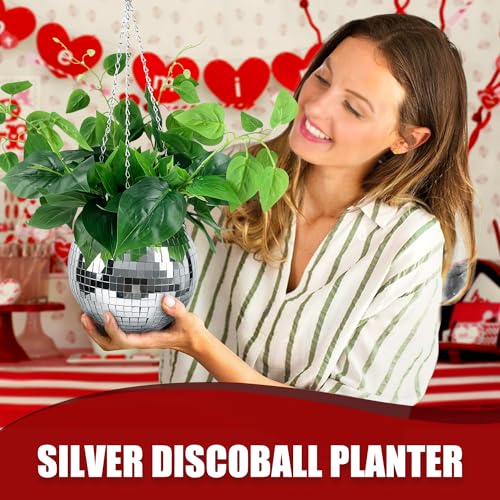 Disco Ball Planter, 6" Creative Mirror Ball Hanging Planters for Indoor Plants with Chain, Macrame Rope, Wooden Stand, Disco Ball Plant Hanger for Valentine's Decorations Hanging Plant, 1 piece