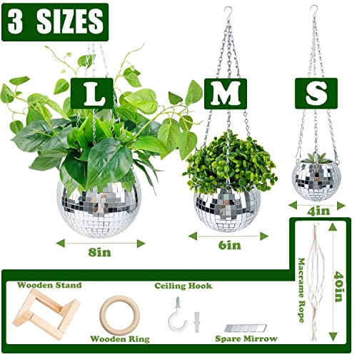 Disco Ball Planter, 6" Creative Mirror Ball Hanging Planters for Indoor Plants with Chain, Macrame Rope, Wooden Stand, Disco Ball Plant Hanger for Valentine's Decorations Hanging Plant, 1 piece