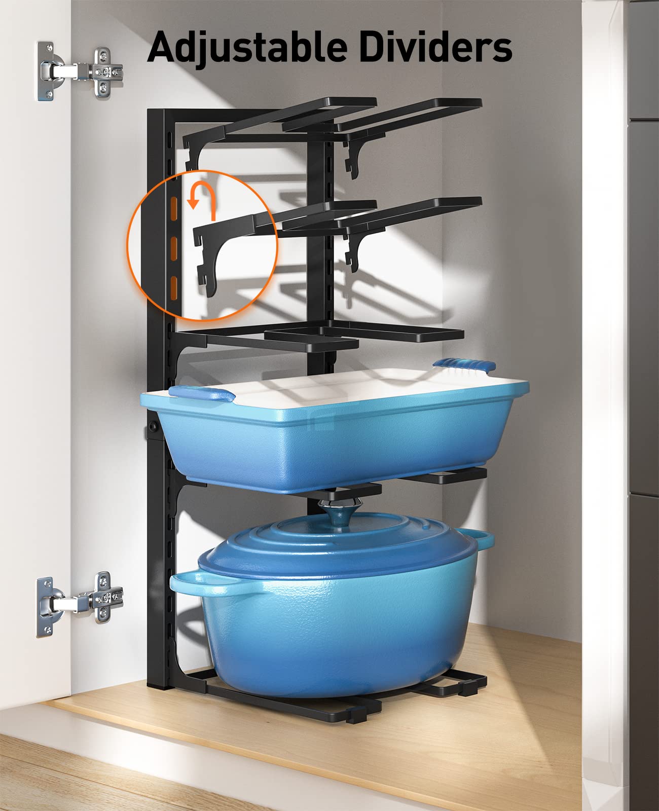 ORDORA Pots and Pans Organizer: under Cabinet, 21" Height Heavy Duty 120LBS Pots Pans Organizer Rack for under Cabinet 8-Tier Adjustable for Big Stockpots, Dutch Ovens, Cast-iron Pans, Heavy Cookware