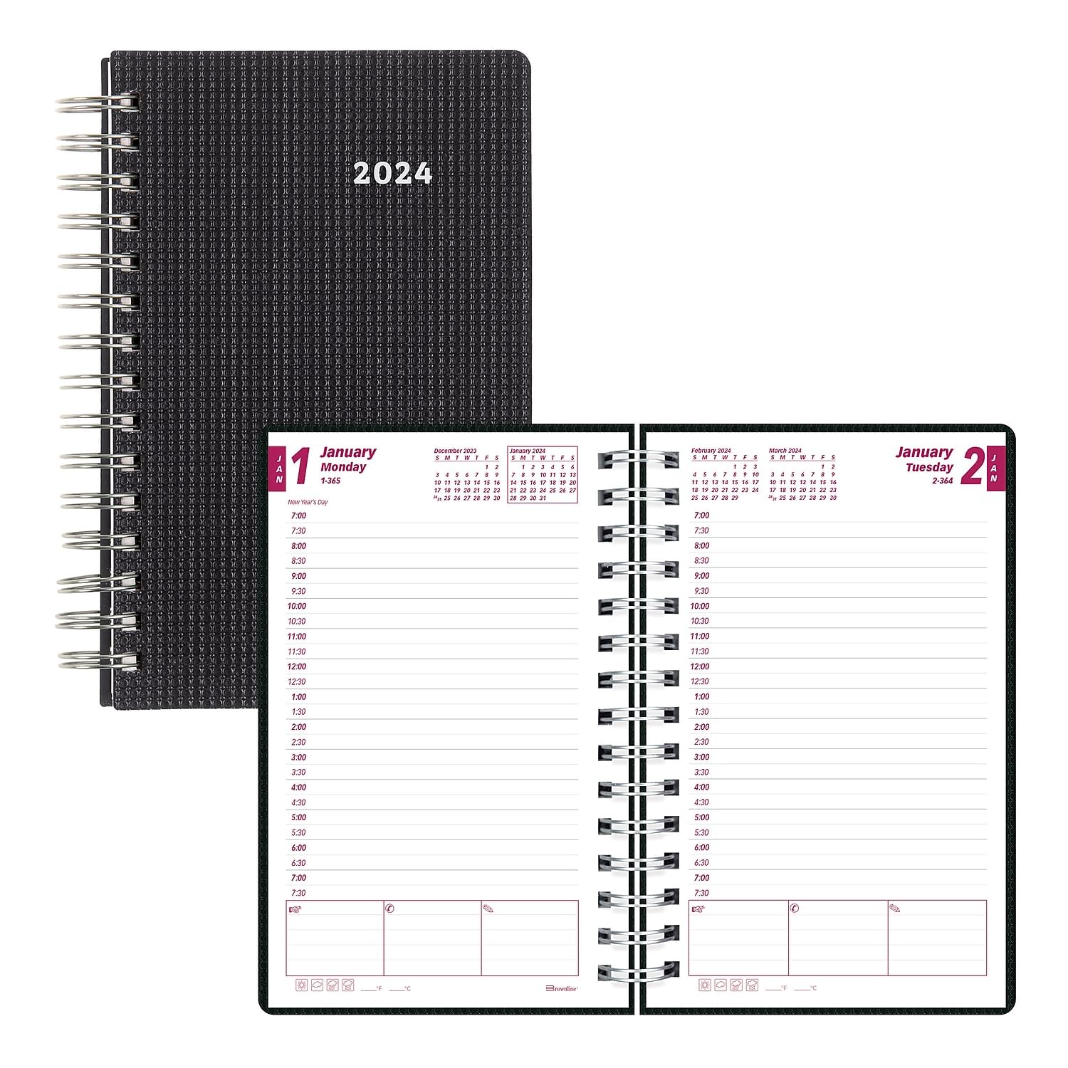 Brownline 2024 DuraFlex Daily/Monthly Planner, Appointment Book, 12 Months, January to December, Twin-Wire Binding, 8" x 5", Black (CB634V.BLK-24)