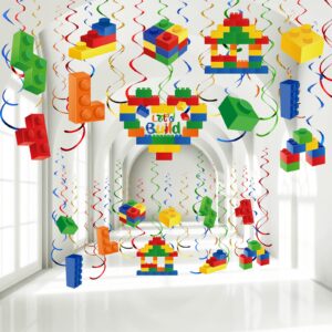 faccito 51 pieces building party supplies building block hanging decoration building block birthday hanging swirls colorful building block hanging paper swirl for building blocks brick birthday party