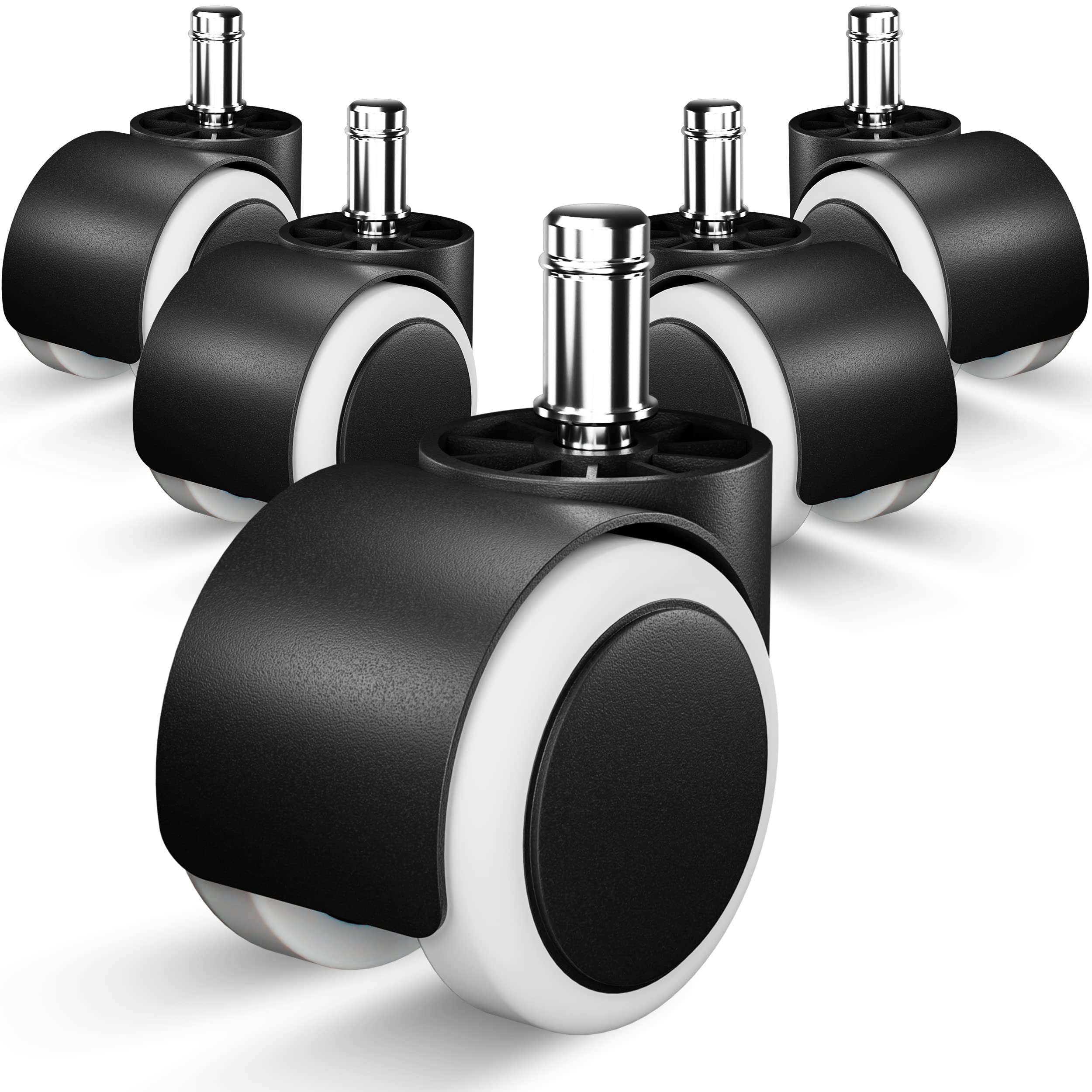 Office Chair Wheel Replacement - Roller Blade 2 inch Caster Wheels - Universal Fit Chair Wheels - Smooth & Quite Rolling for All Floor, Support up to 500lbs (Black & White, Double Wheels)