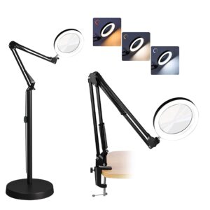 chikytech floor magnifying glass with light and stand, 3 color modes stepless dimmable adjustable swing arm, magnifier lamp for reading repair crafts close work… (floor lamp black)