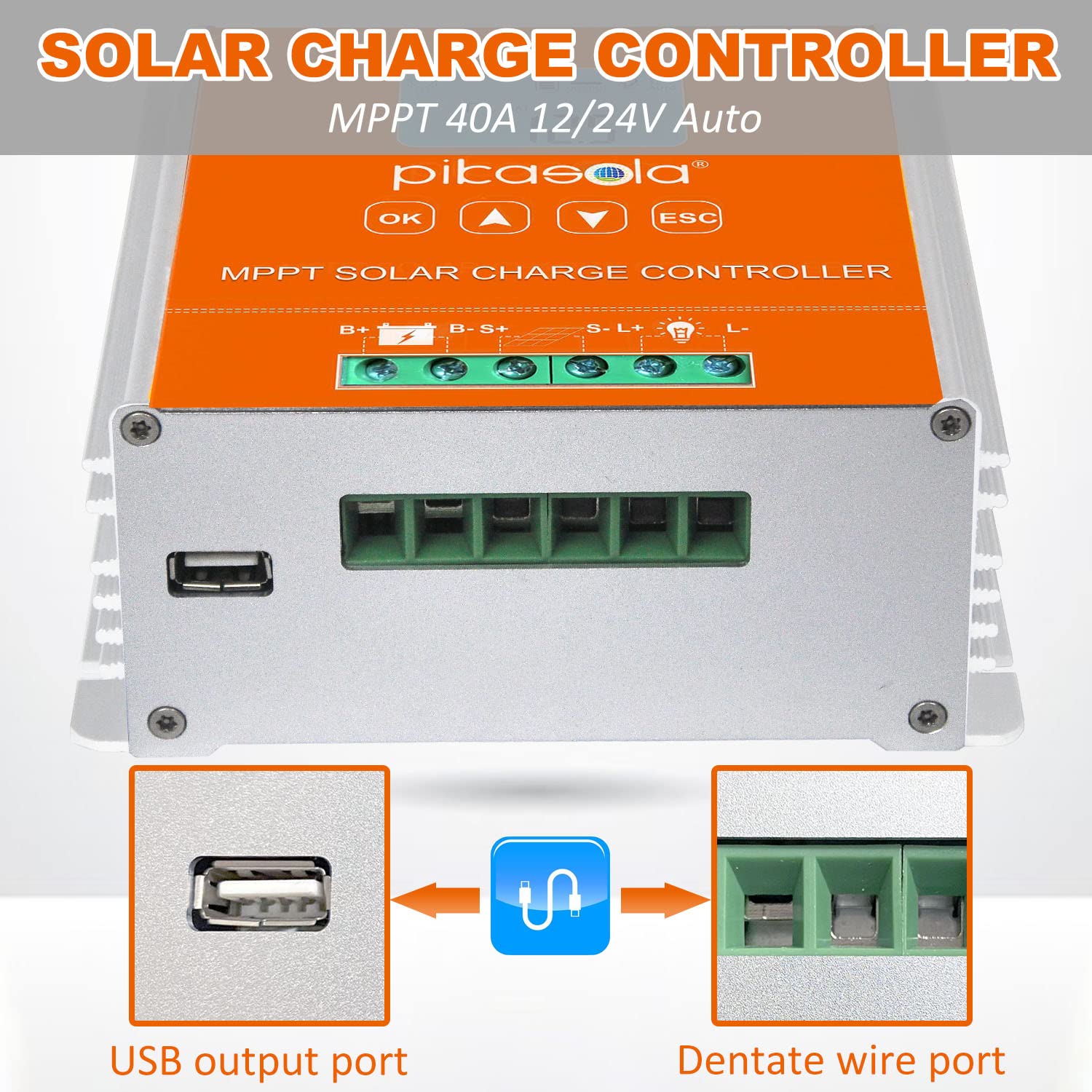 Pikasola 40amp MPPT Solar Charge Controller, Auto 24V 12V Battery Regulator with LCD Display, Mppt Charge Controller for Solar Panels, Suit Lead-Acid & Lifepo4&Lithium Battery