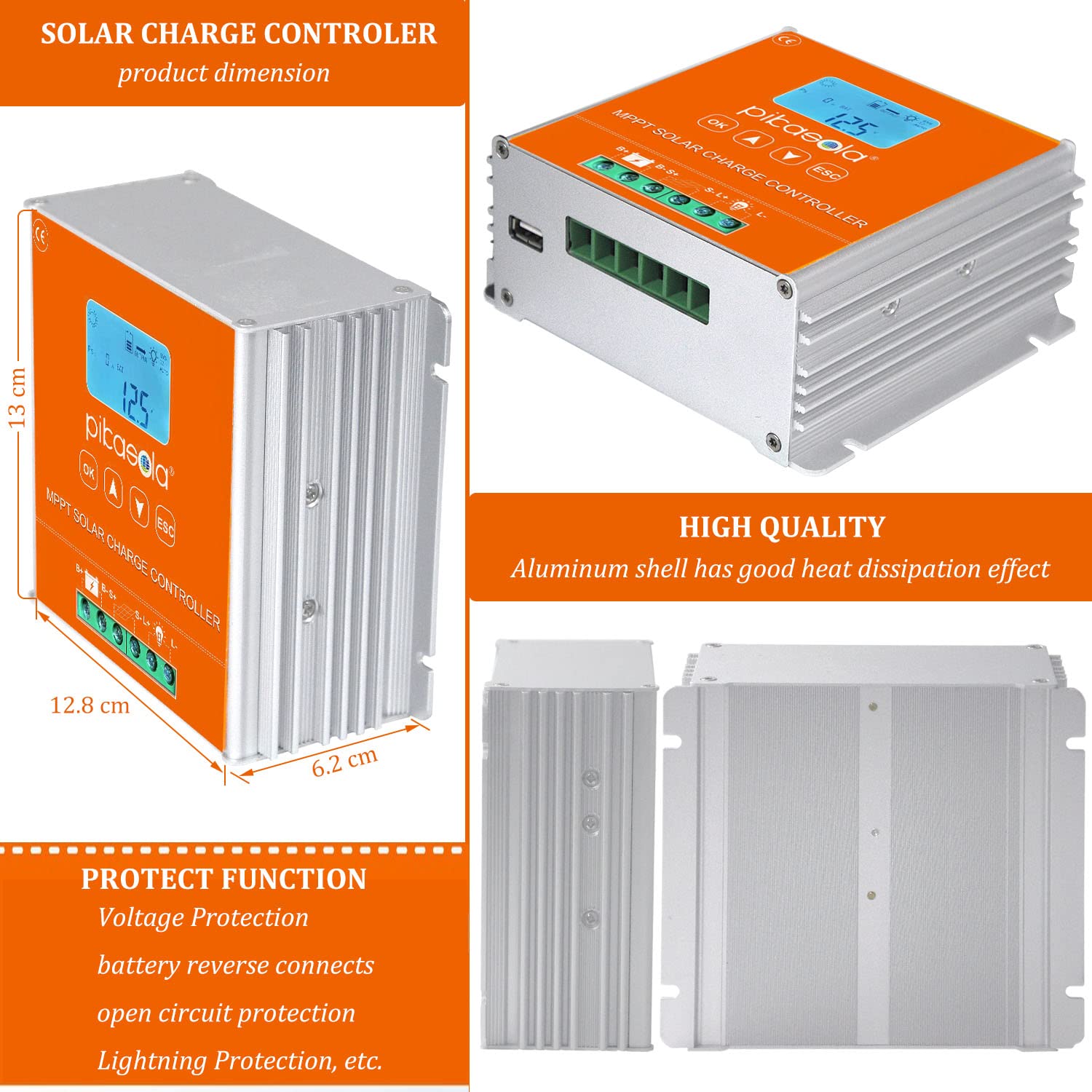 Pikasola 40amp MPPT Solar Charge Controller, Auto 24V 12V Battery Regulator with LCD Display, Mppt Charge Controller for Solar Panels, Suit Lead-Acid & Lifepo4&Lithium Battery