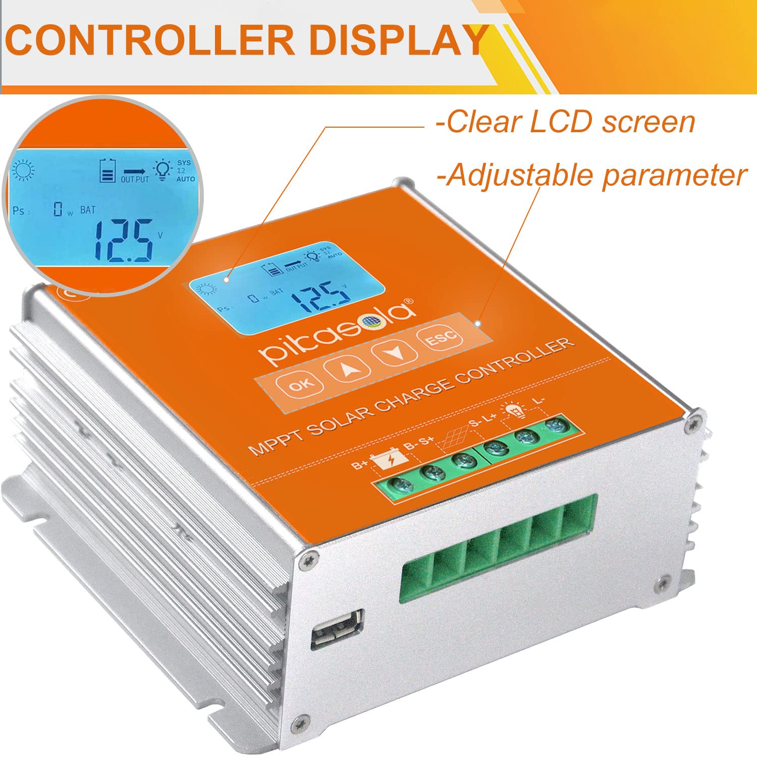 Pikasola 40amp MPPT Solar Charge Controller, Auto 24V 12V Battery Regulator with LCD Display, Mppt Charge Controller for Solar Panels, Suit Lead-Acid & Lifepo4&Lithium Battery