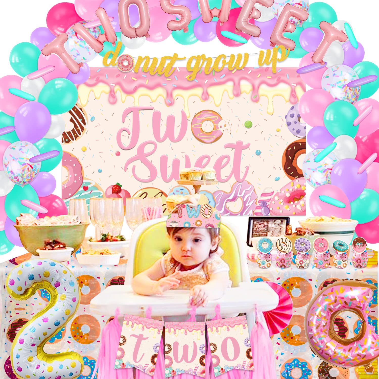 LXlucktim Two Sweet Birthday Party Supplies for 2 Year Old Girl, 150 Pcs Donut Party Decorations for Girls Baby - Backdrop, Cake, Cupcake Toppers, Tablecloth, Highchair Nanner, Crown and Poster