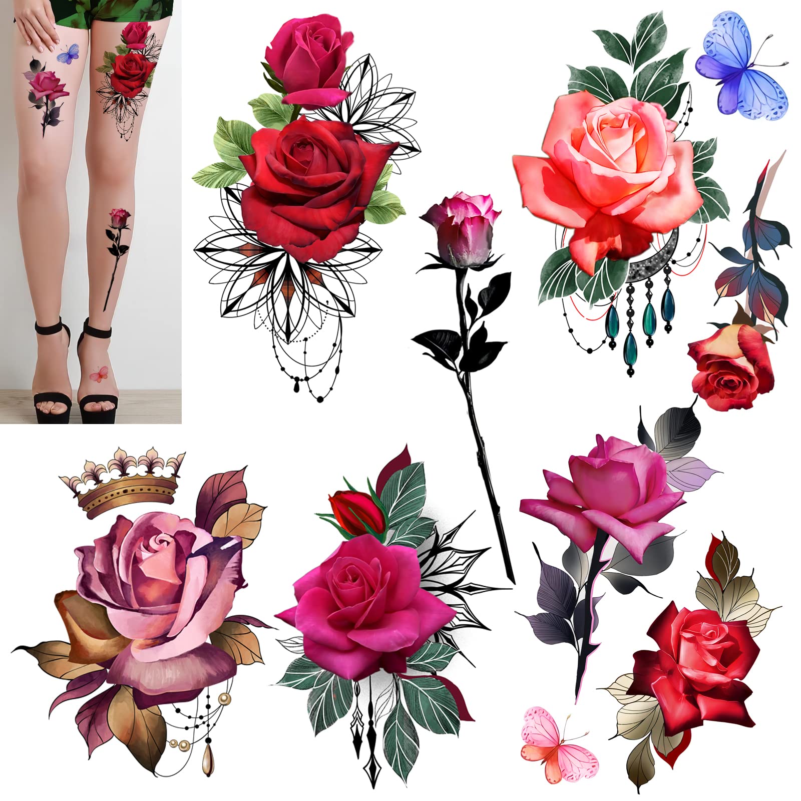 ROARHOWL Stunning rose flower temporary tattoos, large rose fake tattoos for women,rose tattoo set (Rose 1)