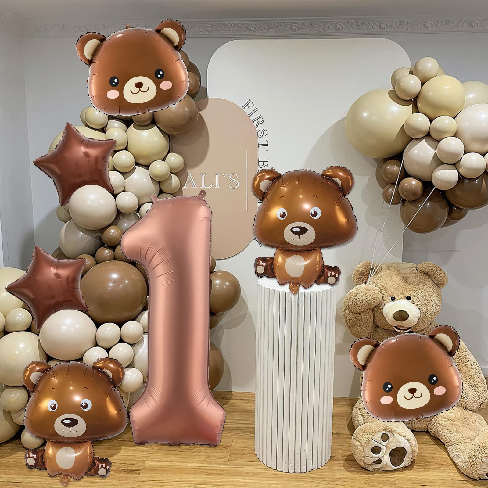 Bear Balloons, Teddy Bear Balloon, Foil Animal Balloons for We Can Bearly Waits Theme 1st Birthday Party Decor Supplies 7 Pcs (1st)