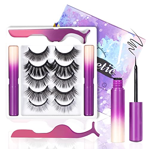 Magnetic Eyelashes with Magnetic Eyeliner Kit, Reusable Magnetic Lashes, 3D Natural Look False Eyelashes with Eyeliner and Tweezers, No Glue(5 Pairs) (Gradation color)