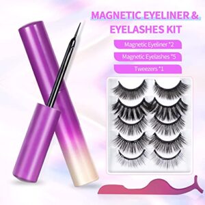 Magnetic Eyelashes with Magnetic Eyeliner Kit, Reusable Magnetic Lashes, 3D Natural Look False Eyelashes with Eyeliner and Tweezers, No Glue(5 Pairs) (Gradation color)