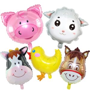 5 pcs farm animal balloons, farm birthday party decorations cow donkey sheep pig chicken foil mylar birthday balloons for wedding baby shower farm party supplies